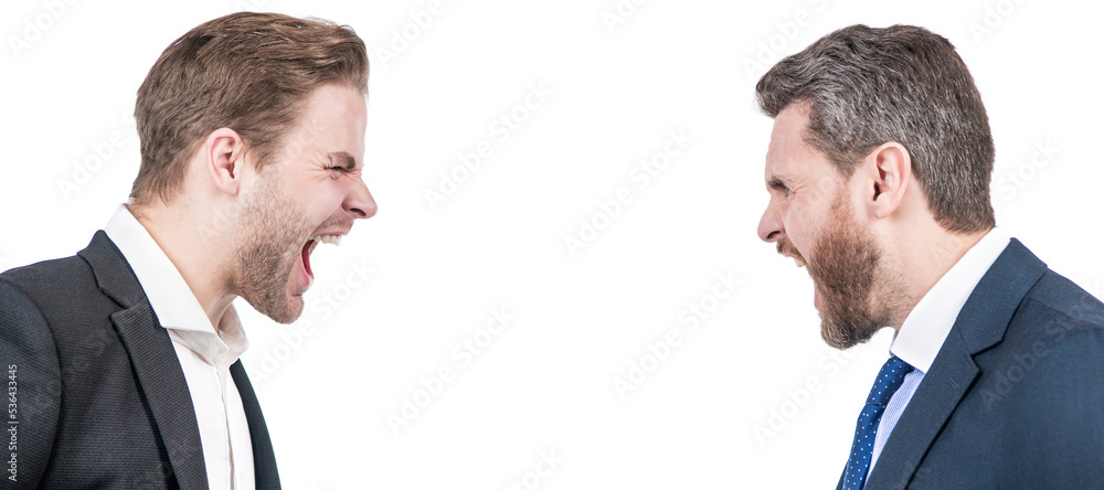 Man face portrait, banner with copy space. two businessmen shouting in ...