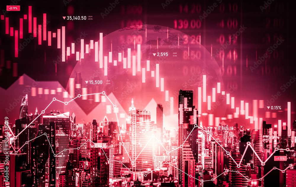 Stock market crash, declined economic, graph falling down and digital ...
