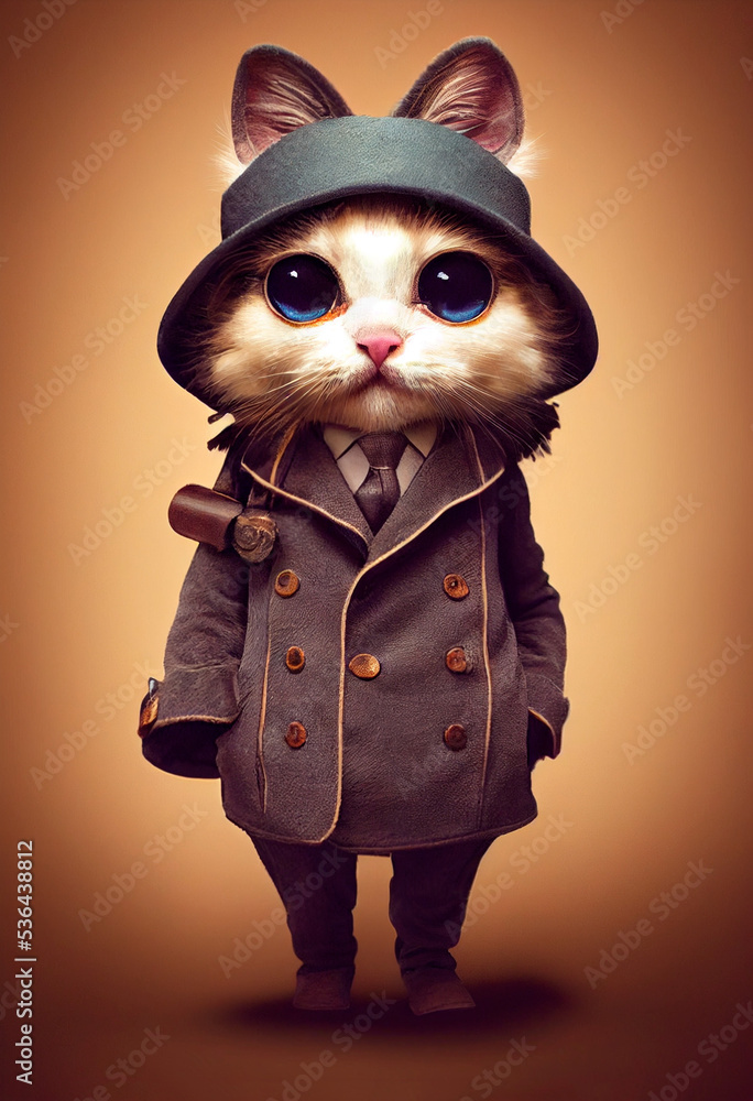 Cute cat wearing a detective suit with a tie and big eyes. Adorable ...