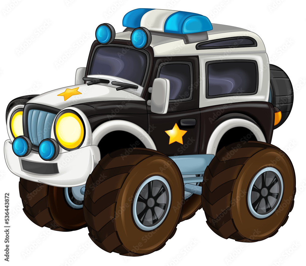 cartoon happy and funny off road police car looking like monster truck ...