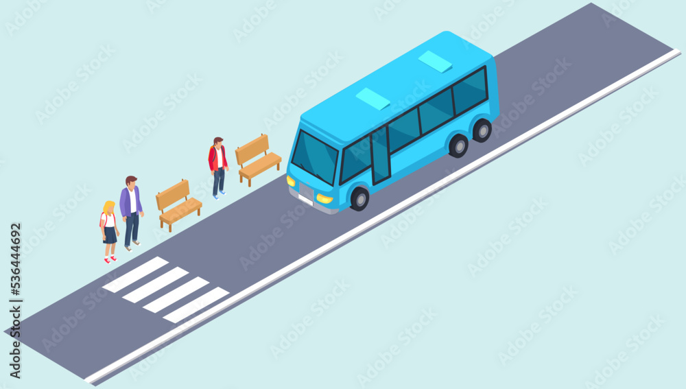 Vehicle near bus stop with passengers. Driver of auto stops in front of ...