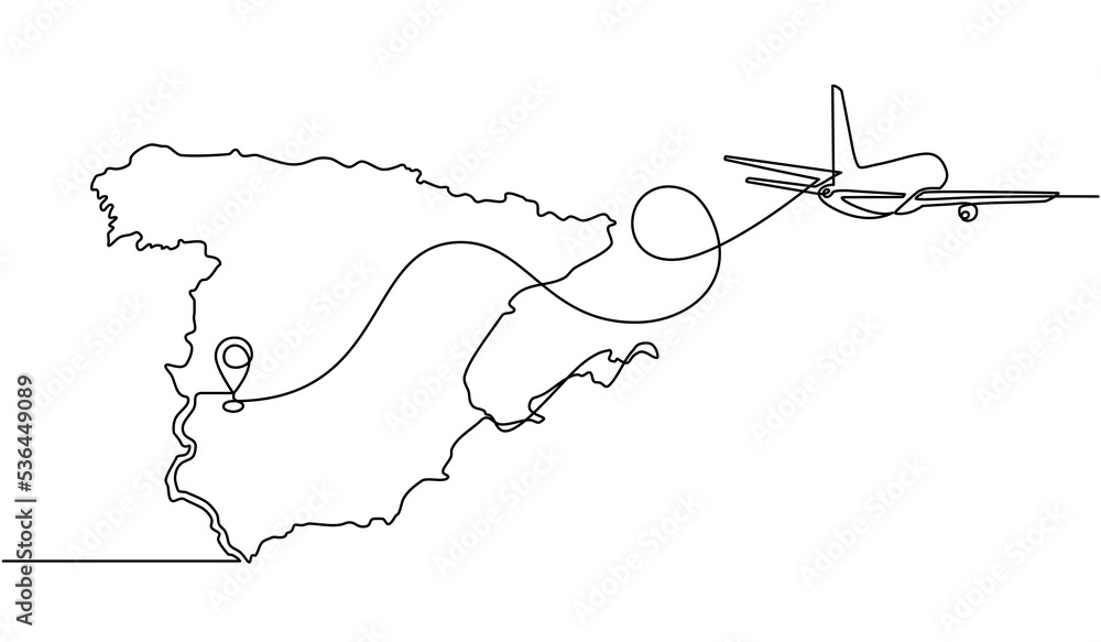 Continuous one line drawing of Spain domestic aircraft flight routes ...
