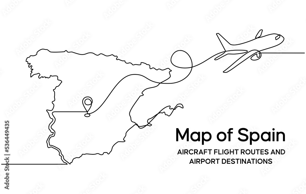 Continuous one line drawing of Spain domestic aircraft flight routes ...