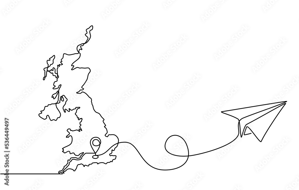 Continuous one line drawing of United kingdom domestic aircraft flight ...
