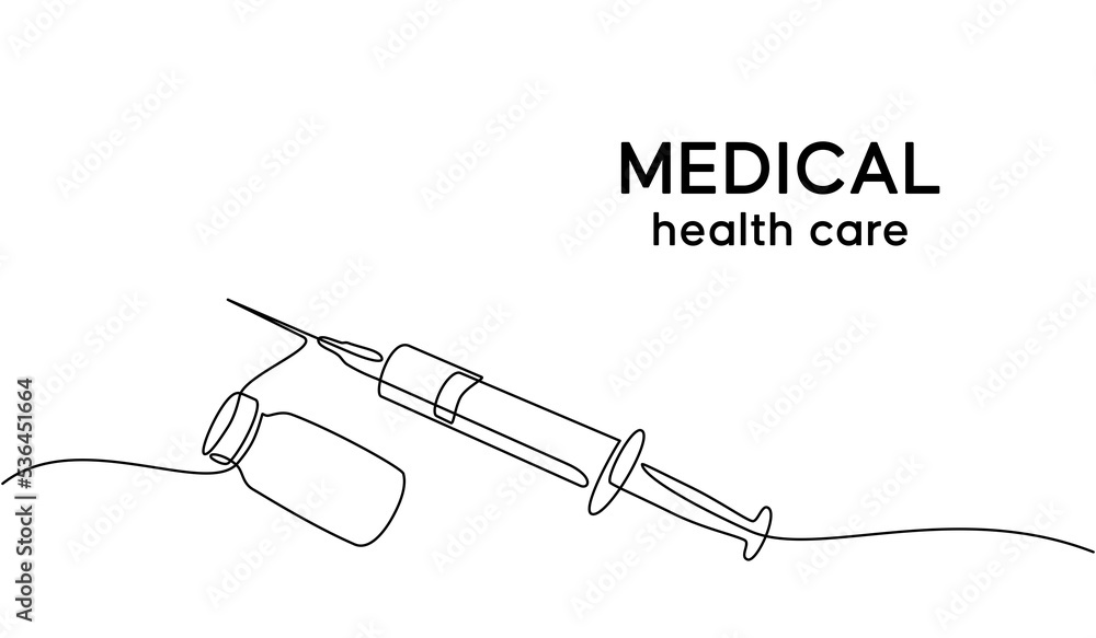 Continuous line drawing of medical health concept. Medical syringe ...