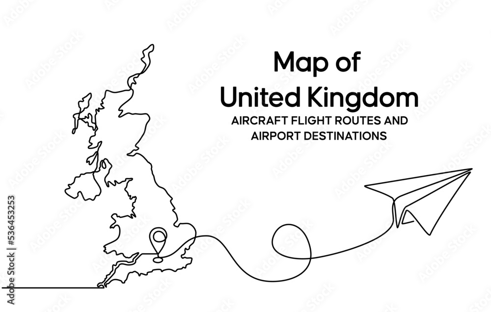 Continuous one line drawing of United kingdom domestic aircraft flight ...