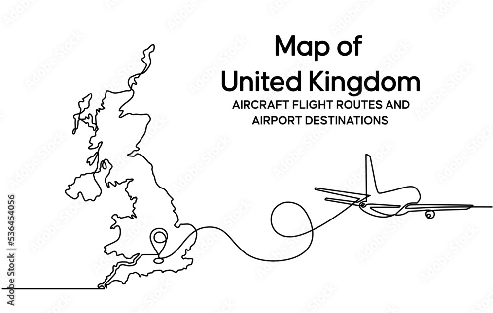Continuous one line drawing of United kingdom domestic aircraft flight ...