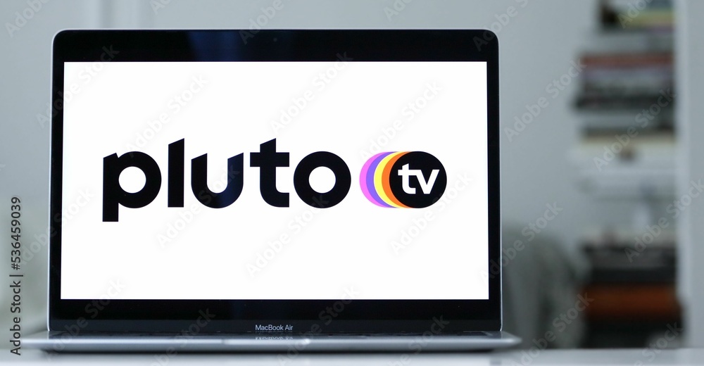 Logo of Pluto TV, a free television streaming service, displayed on the ...