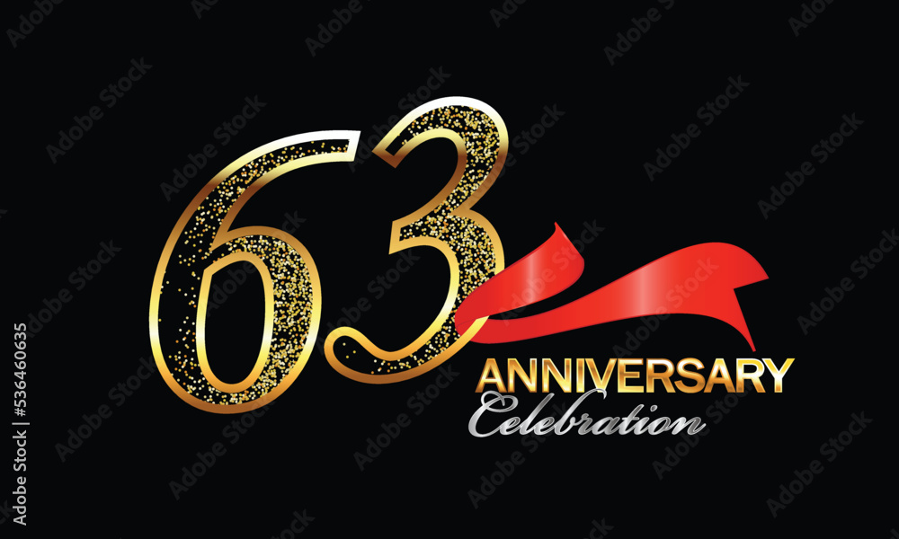 63 Year Anniversary celebration Vector Design with red ribbon and ...