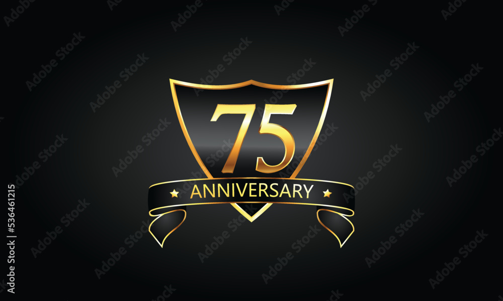 75 year anniversary logo with golden shield and ribbon. Dark concept ...