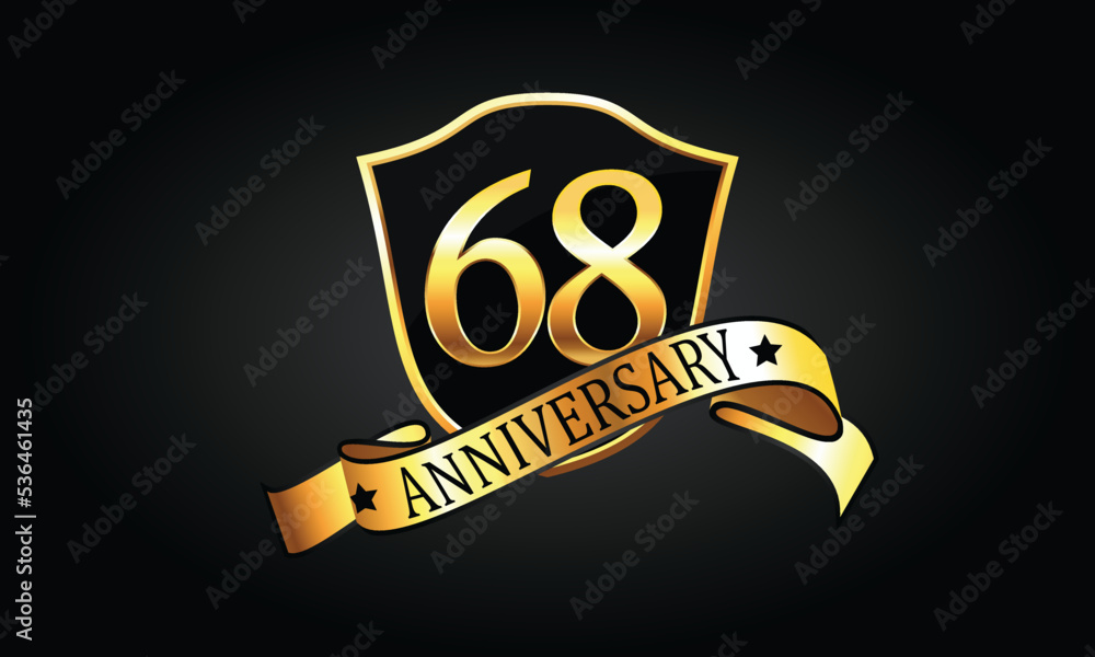 68 year anniversary logo with golden shield and ribbon. Dark elegant ...