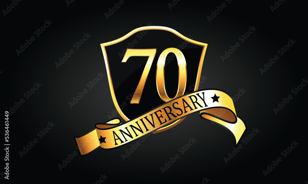 70 year anniversary logo with golden shield and ribbon. Dark elegant ...