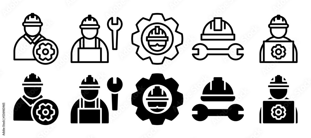 Engineering vector line and solid icons set. Manufacturing, engineer ...