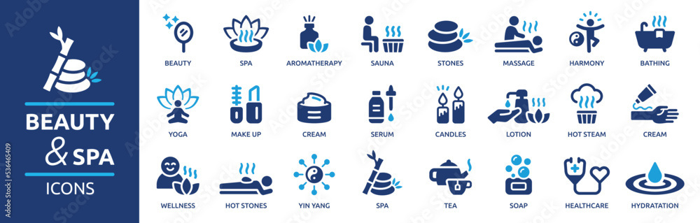 Beauty & Spa icon set. Containing sauna, aromatherapy, treatment, yoga ...