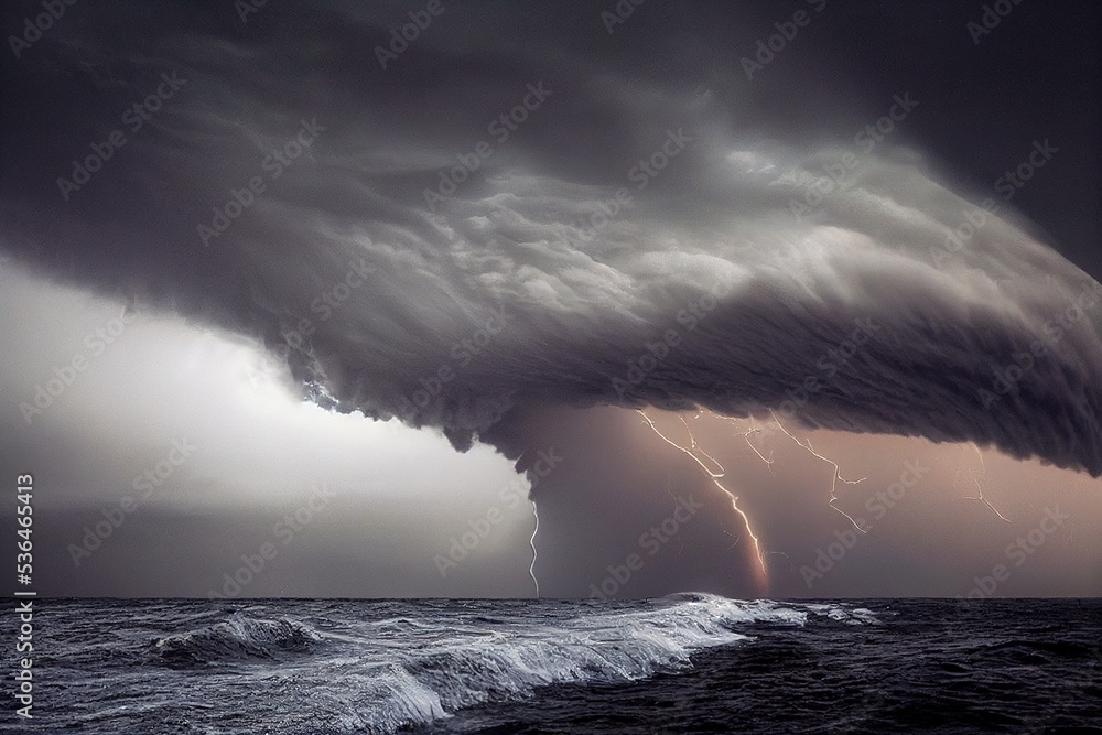 Powerful tornado with lightning flash over ocean or sea. Dark ominous ...