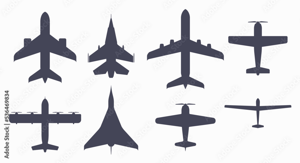 Eight aircraft of different types airplane silhouette. Passenger and ...