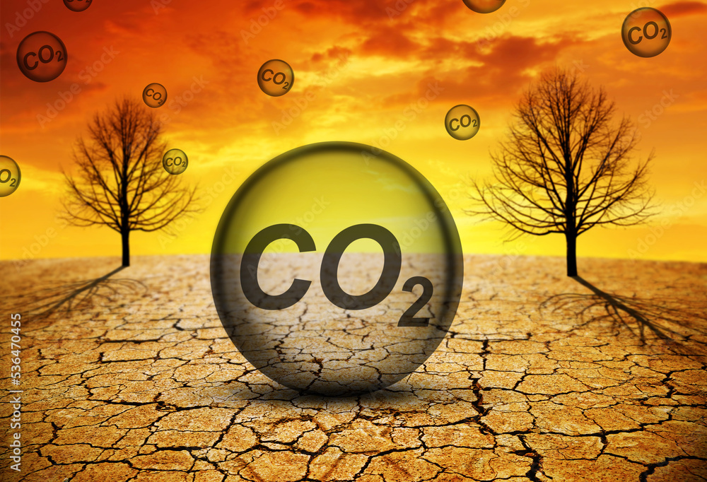 Carbon dioxide escaping from the arid cracked soil. Concept of climate ...
