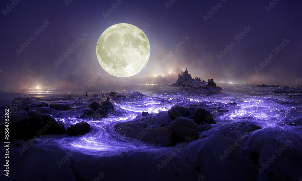 Fantasy full moon background with ocean. Wave of sea at night. 3D ...