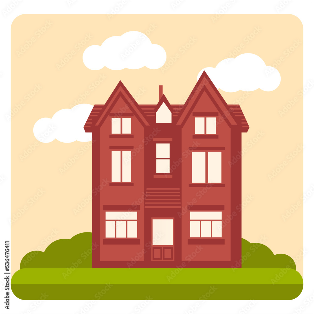 Cartoon red english house in landscape with grass and clouds Stock ...