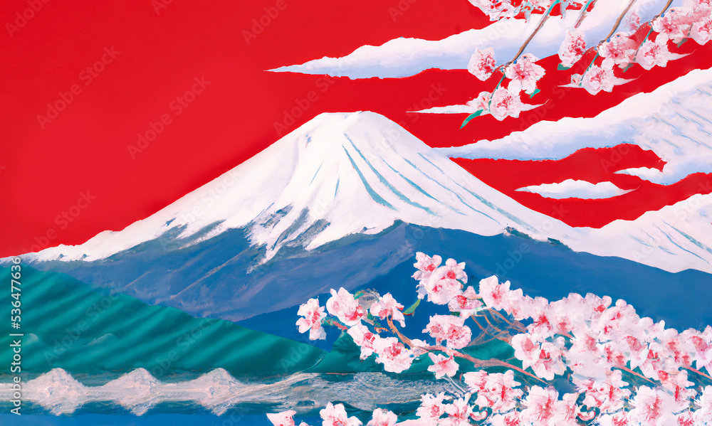 Mount Fuji and Cherry Blossom in japan with watercolor and ink ...