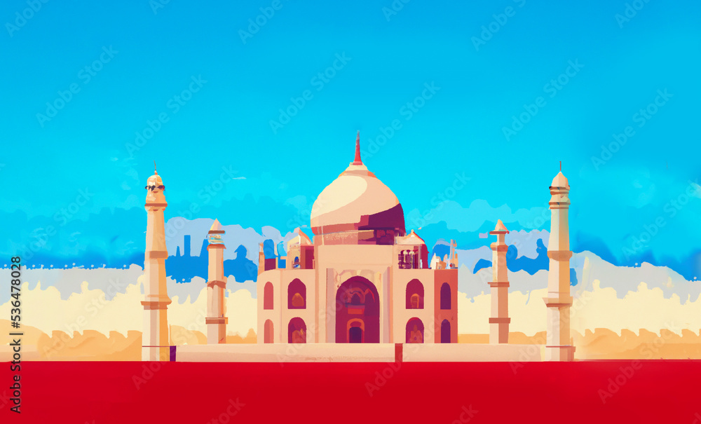 Taj Mahal in Agra, India. Flat cartoon style illustration. Concept art ...