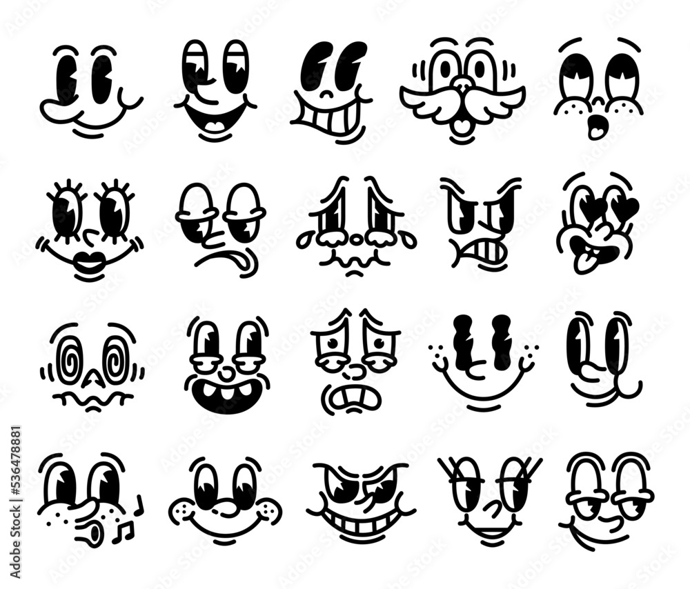 Vintage expression faces. Retro characters. Happy 50s mascot with eyes ...