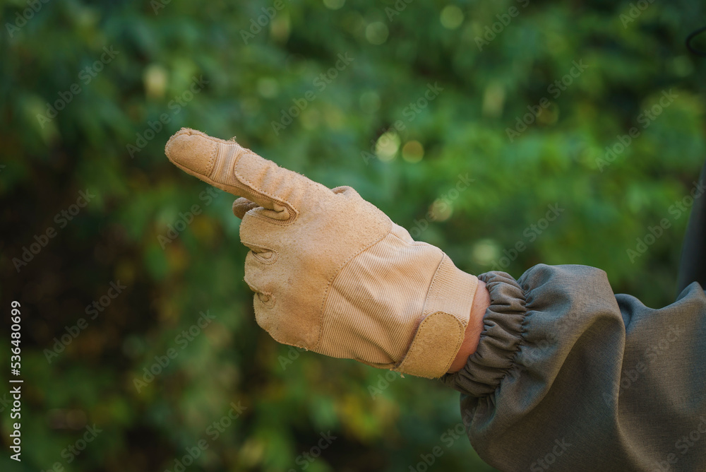 Male caucasian hand in tactical glove over forest background showing ...