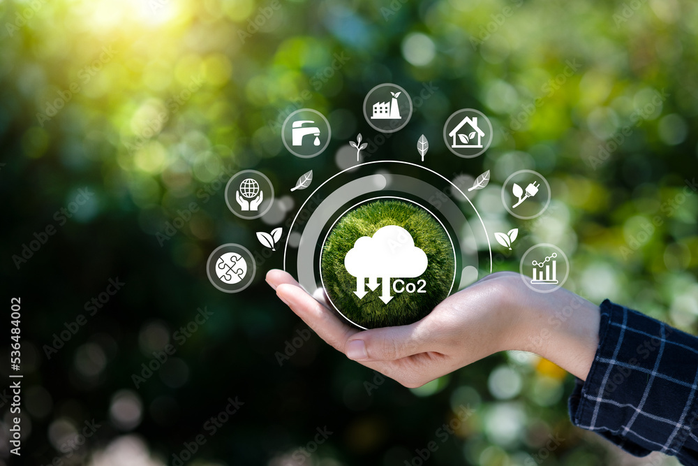 Reduce CO2 emission concept in the hand for environmental, global ...