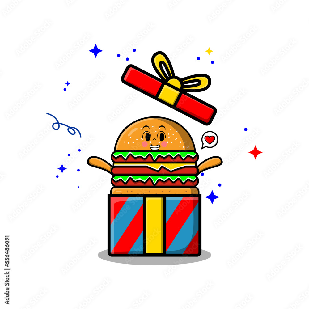 Cute cartoon Burger character coming out from big gift box look so ...