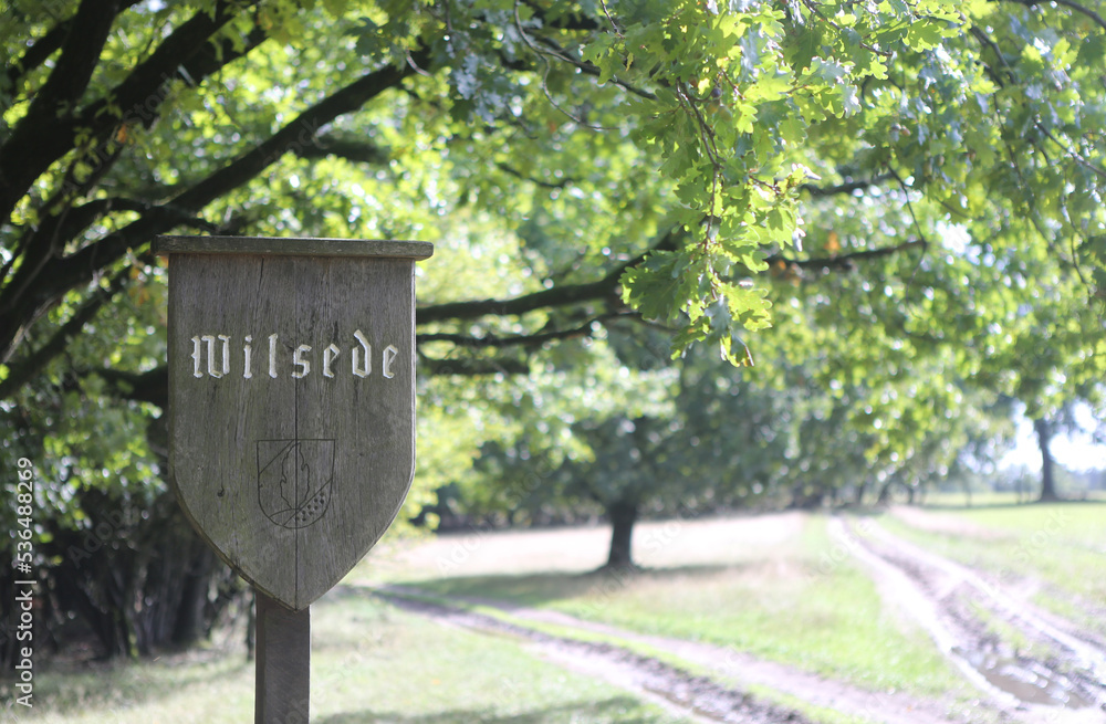 Ortsschild Wilsede auf einer Holztafel, Lüneburger Heide Stock Photo ...