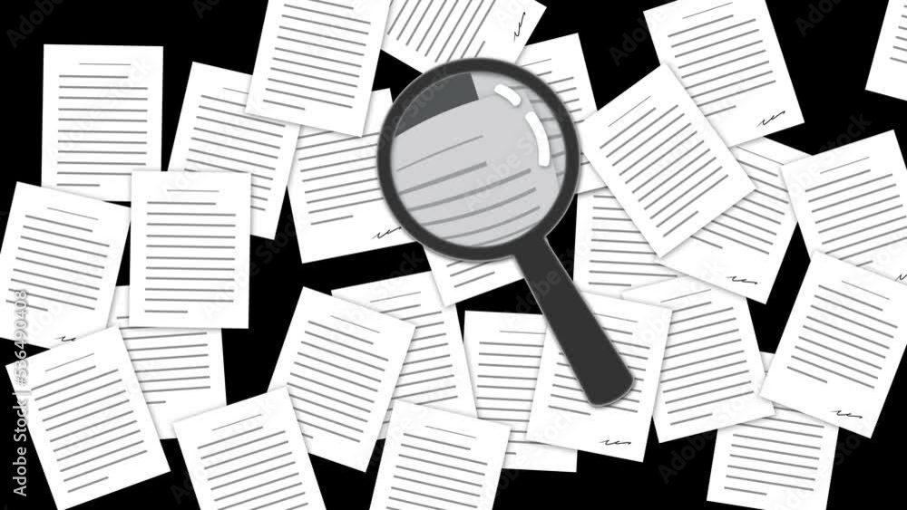 4k animated magnifying glass moving around and inspecting documents ...