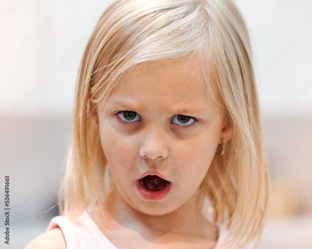 Angry, little girl and tantrum face portrait reaction to shock of ...