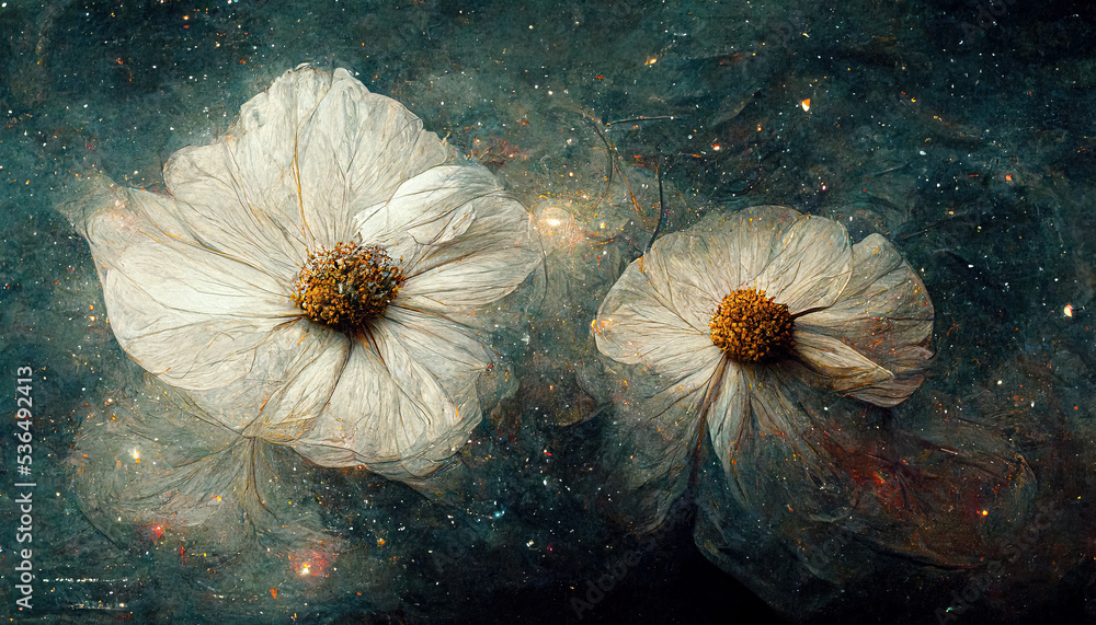 Abstract cosmic, galaxy garden artistic flower with dark, deep space ...