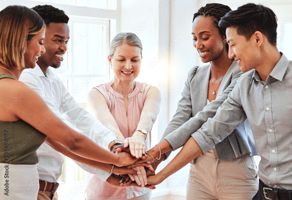 Teamwork, collaboration hands and business people in office. Team ...