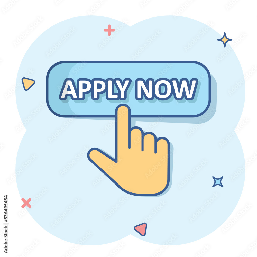 Apply now icon in comic style. Finger cursor vector cartoon ...