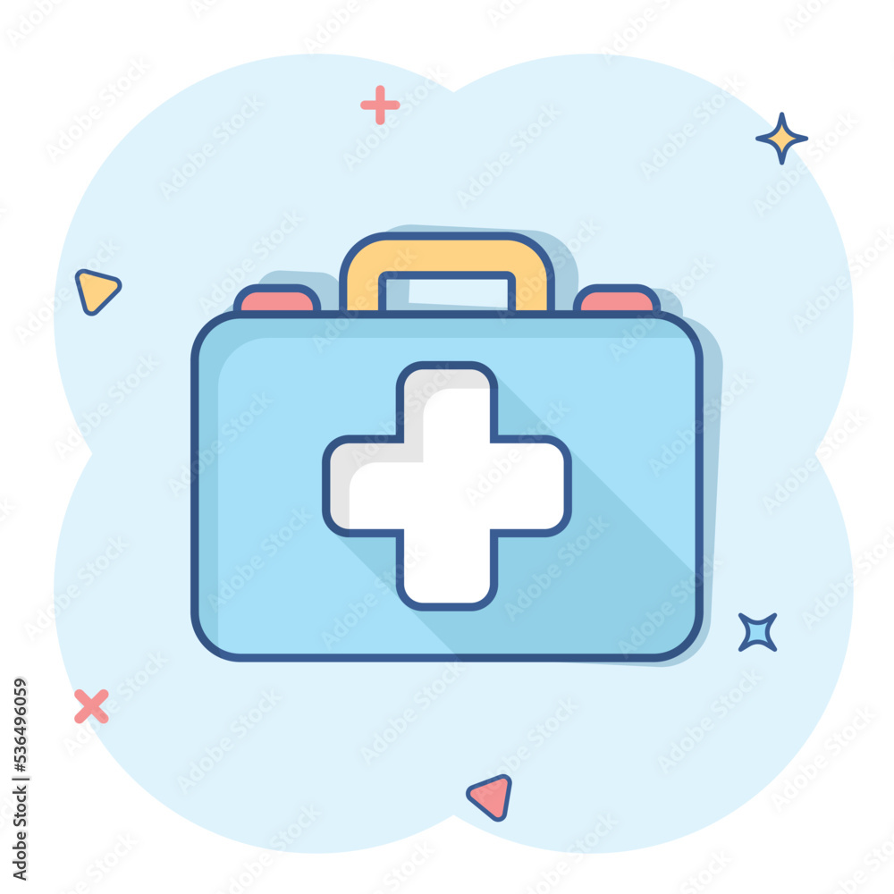First aid kit icon in comic style. Health, help and medical diagnostics ...