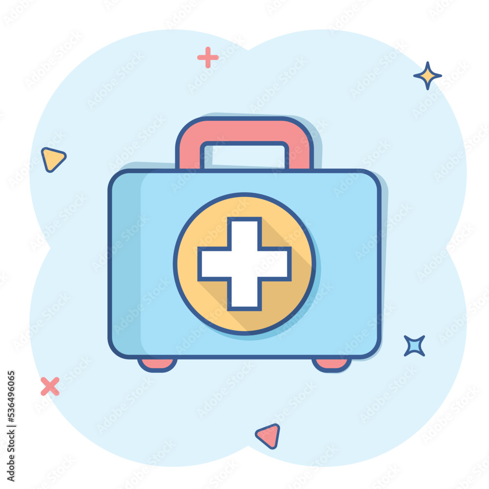 First aid kit icon in comic style. Health, help and medical diagnostics ...