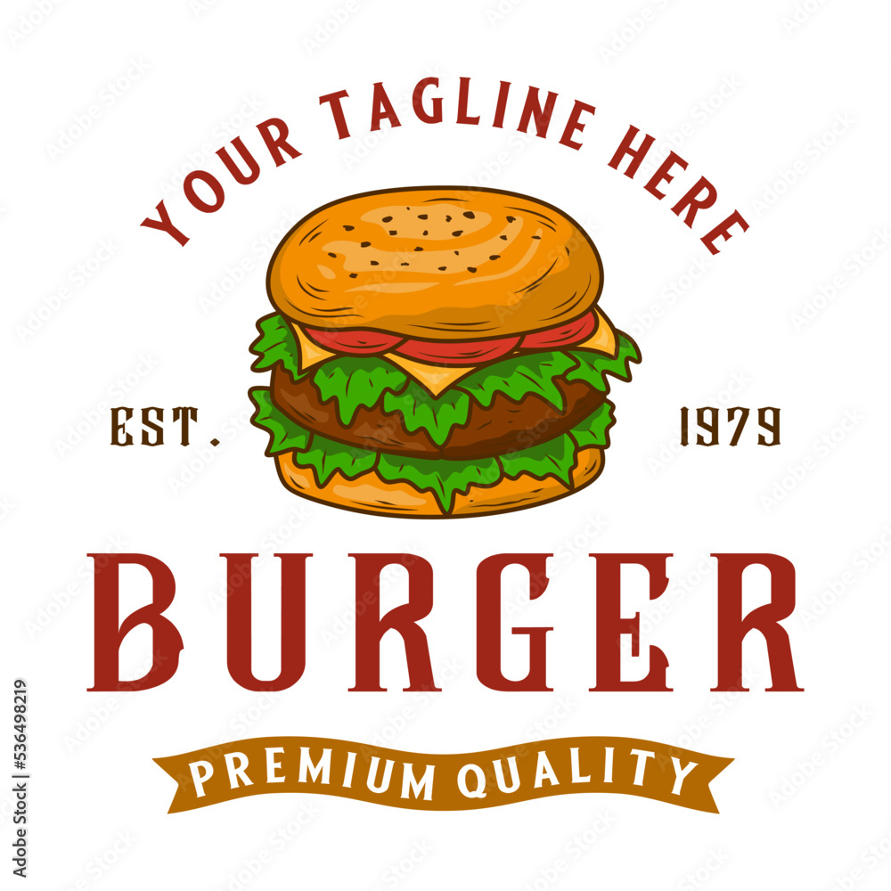 burger vintage logo. hand drawn burger design with cheese, meat, salad ...