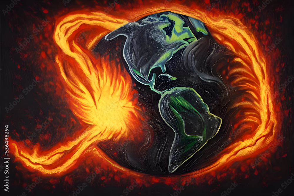 Burning earth globe west hemisphere painted by a child with crayons ...