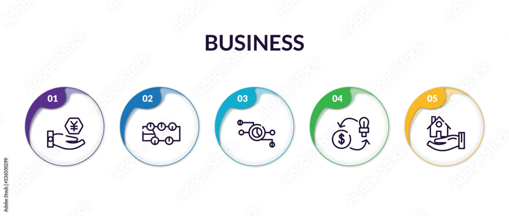 Set Of Business Outline Icons With Infographic Template Thin Line Icons Such As Yen Coin On