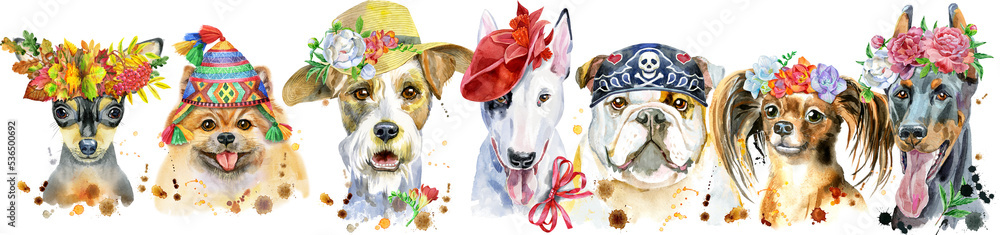 Border from watercolor portraits of dogs for decoration Stock ...