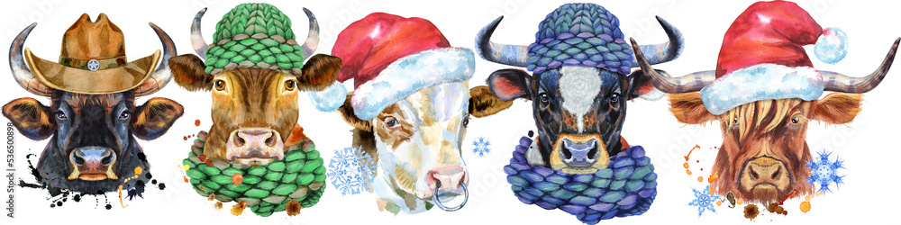 Cute border from watercolor portraits of bulls. For t-shirt graphics ...