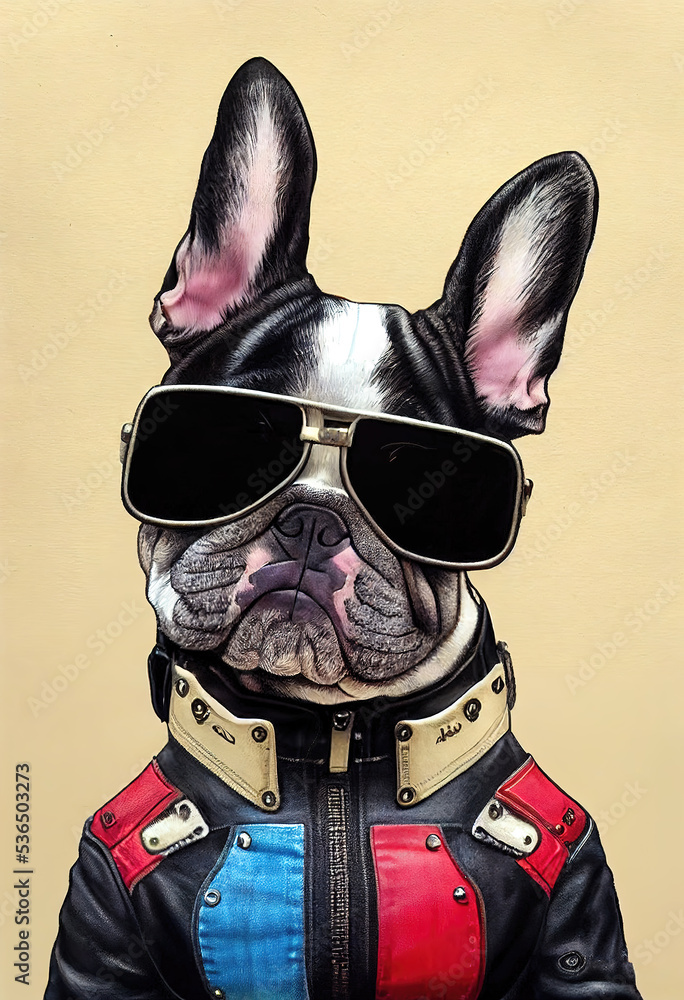 cool frenchie in rocker outfit realistic digital art Stock Illustration | Adobe Stock