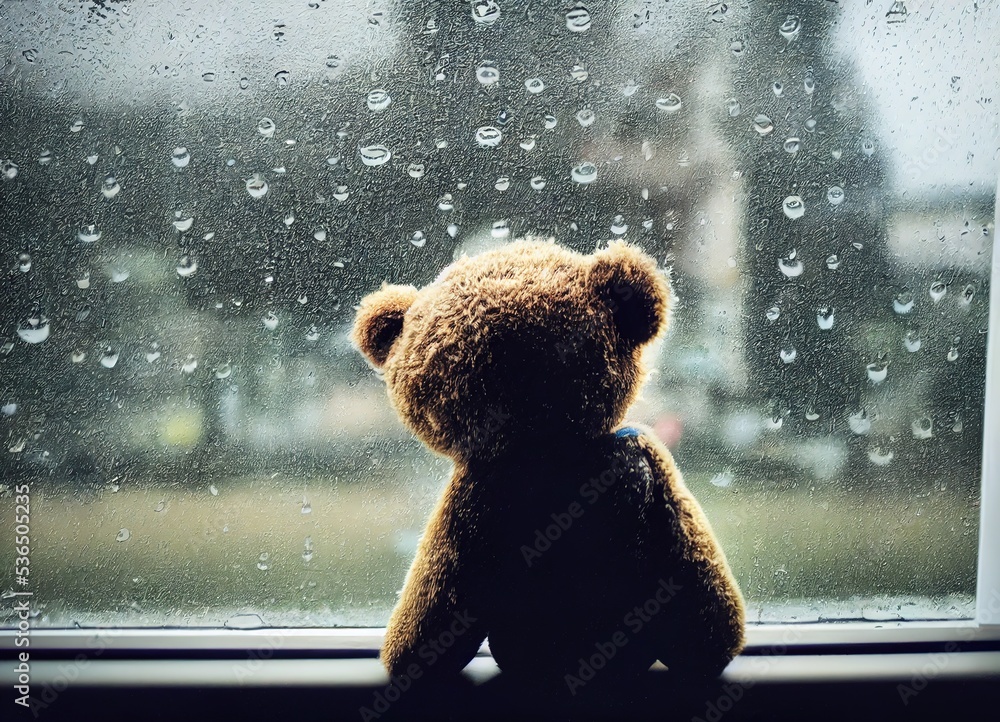 Lonely Teddy Bear In Rain