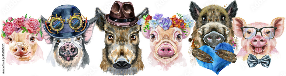 Border from pigs. Watercolor portraits of pigs and boars Stock ...