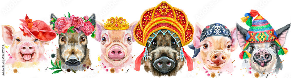 Border from pigs. Watercolor portraits of pigs and boars Stock ...