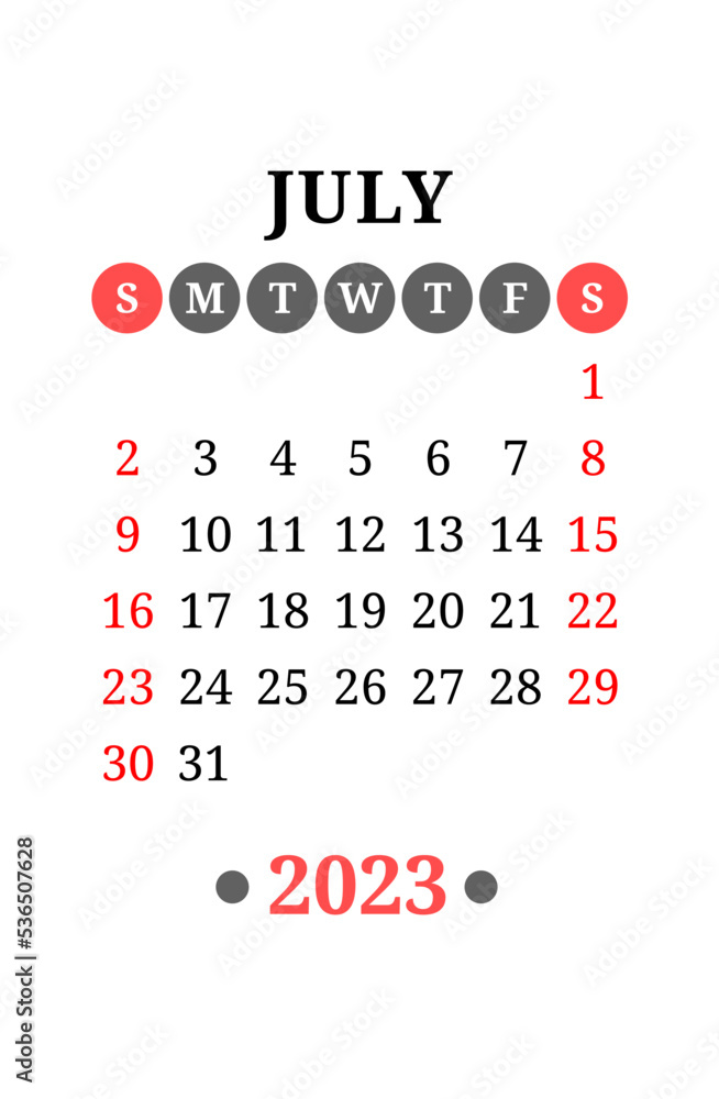 July calendar design 2023 year. English vector wall or pocket calender ...