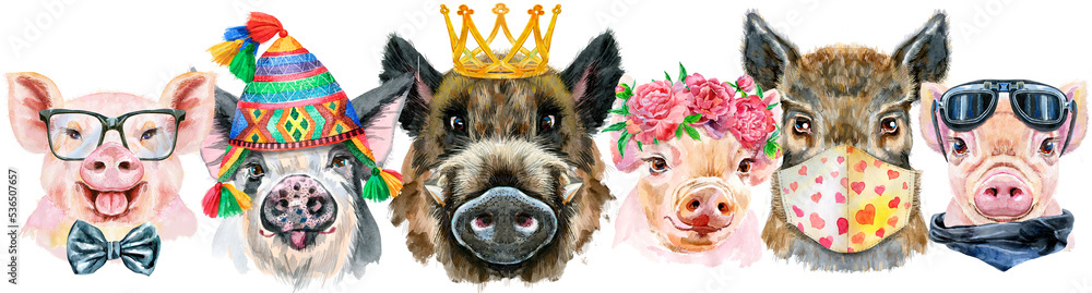 Border from pigs. Watercolor portraits of pigs and boars Stock ...