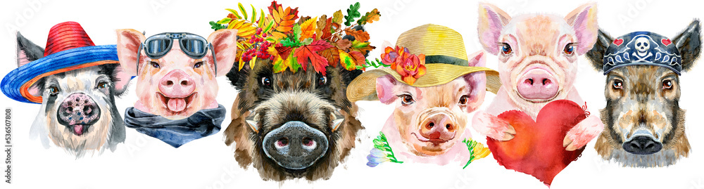 Border from pigs. Watercolor portraits of pigs and boars Stock ...