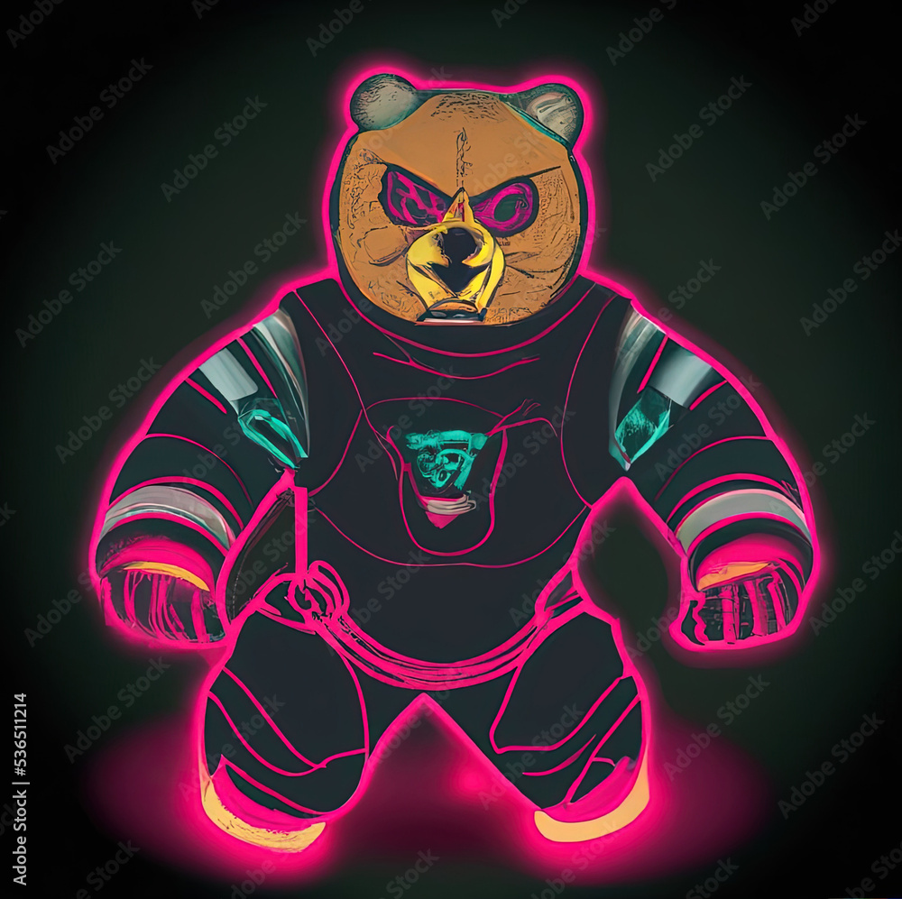 Cyberpunk bear in full growth on a black background. The outlines and ...